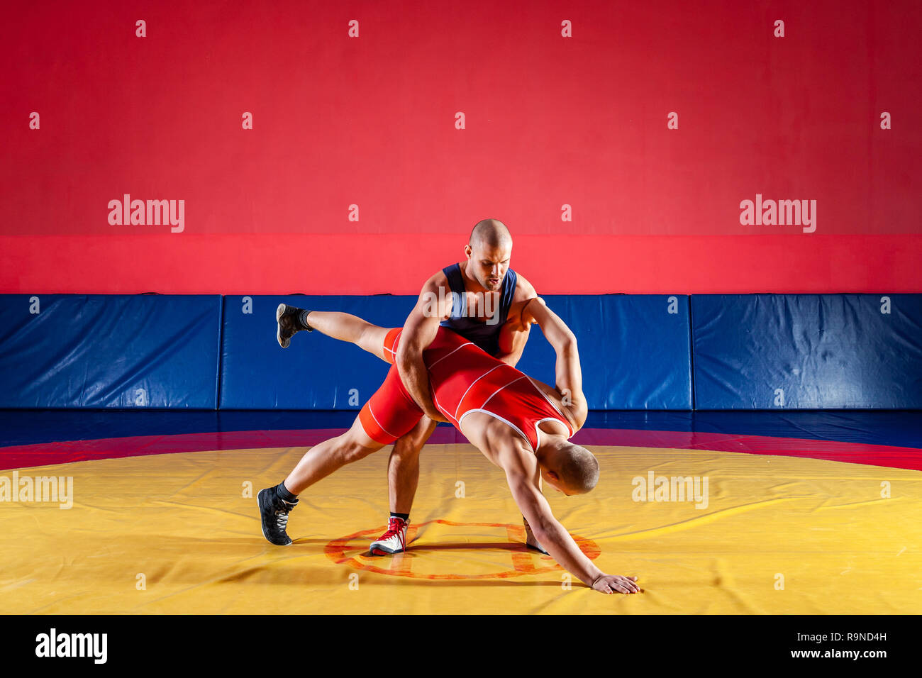 Two greco-roman wrestlers in red and blue uniform making a suplex ...