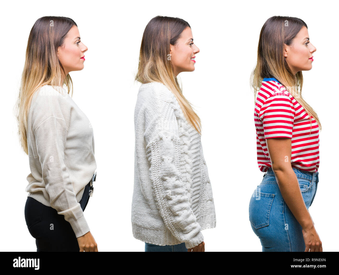 Collage of young beautiful woman over isolated background looking to ...