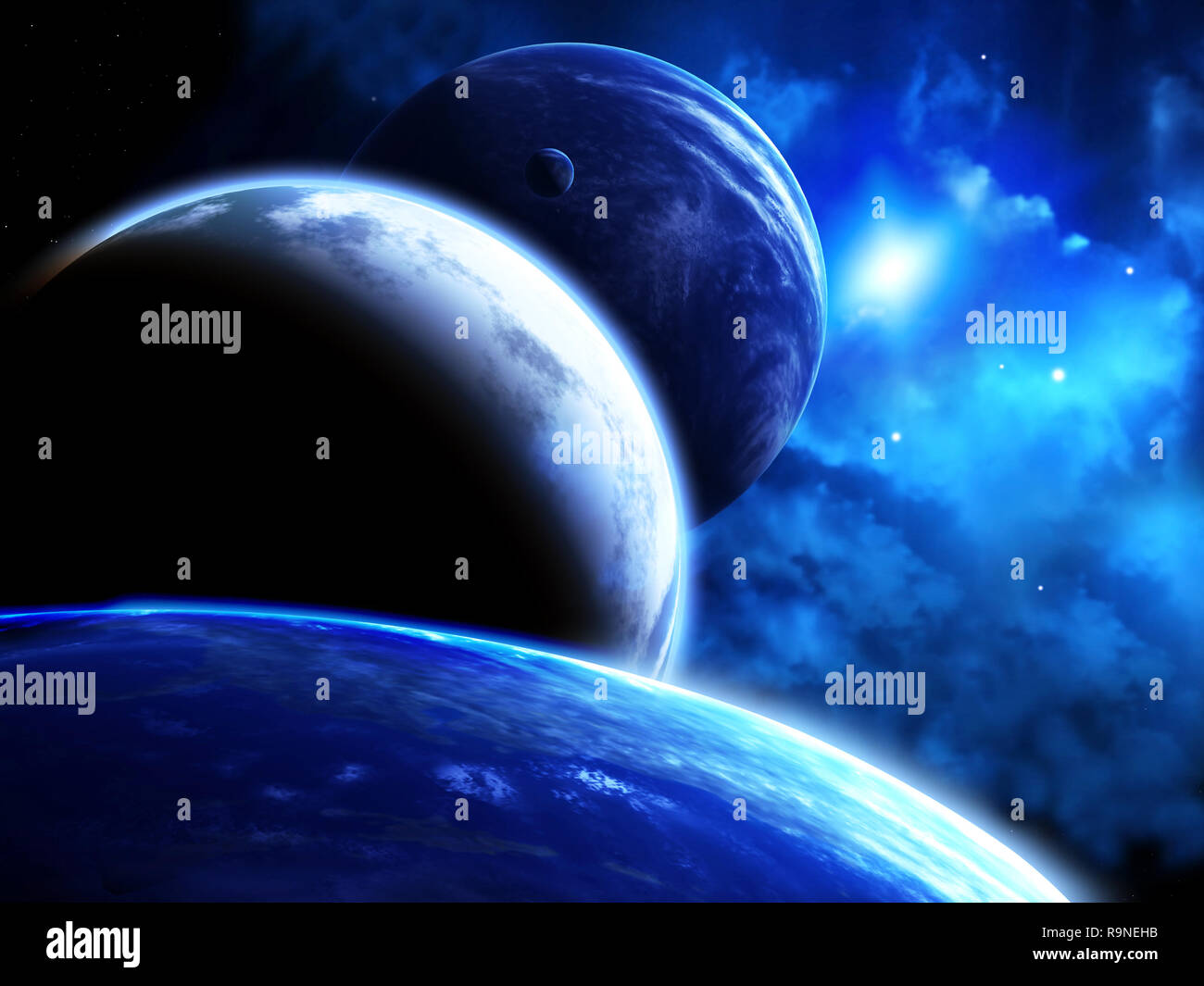 A beautiful space scene with parade of planets and nebula. Elements of ...