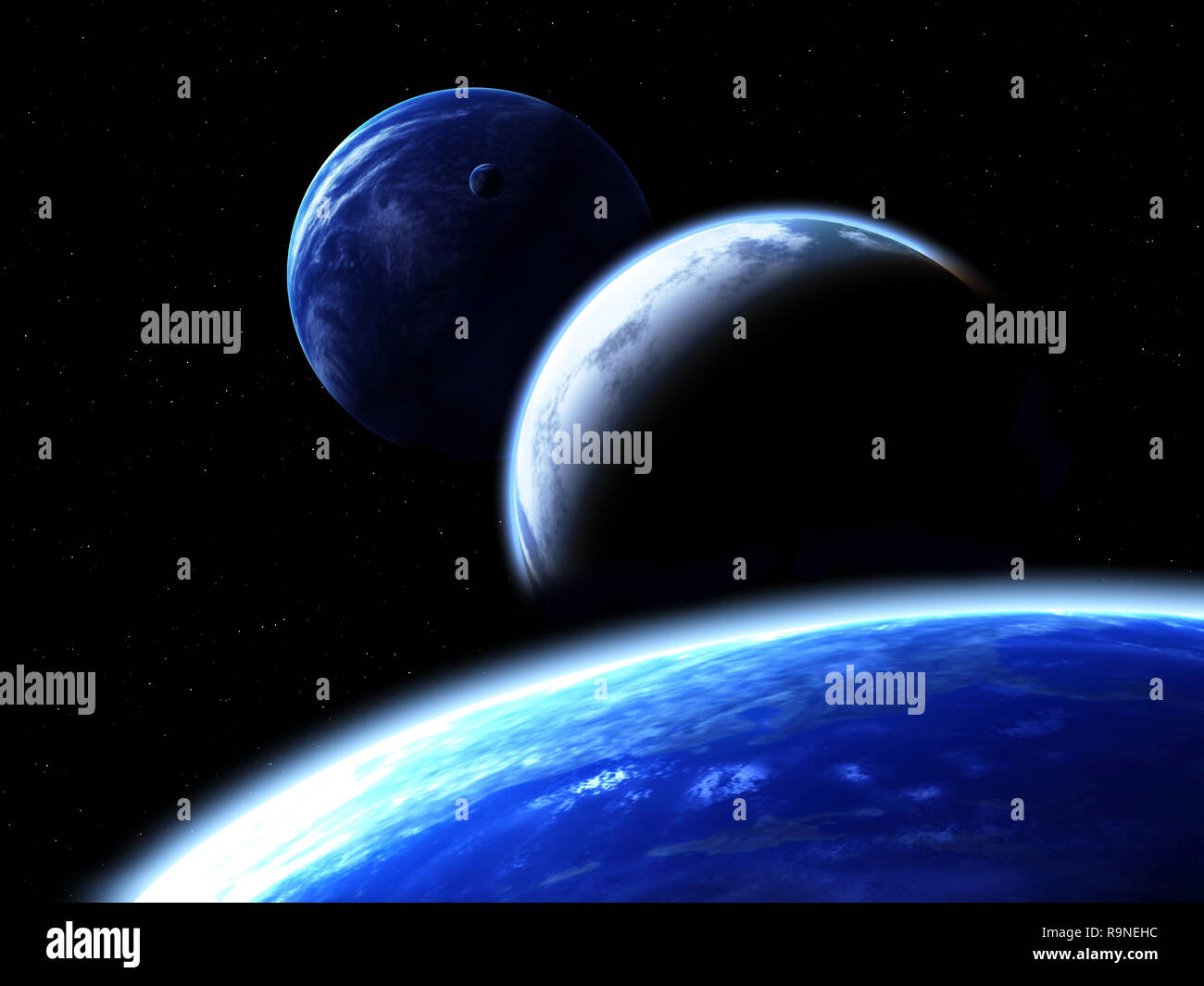 A beautiful space scene with parade of planets and nebula. Elements of ...