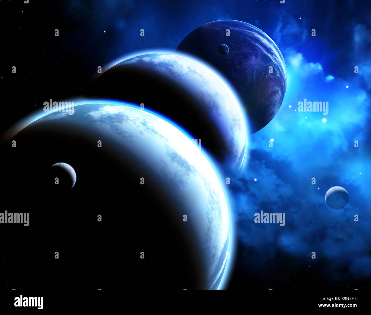 A beautiful space scene with parade of planets and nebula. Elements of ...