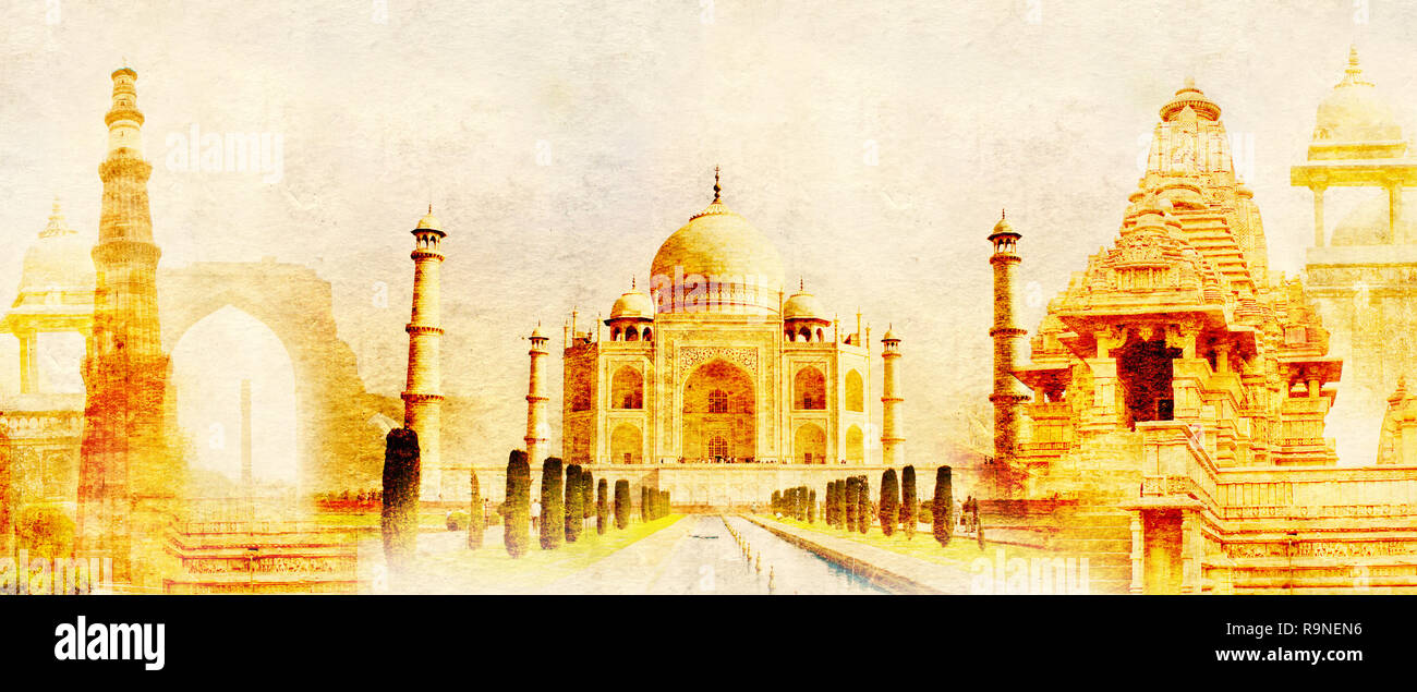 Grunge background with paper texture and landmarks of India - Taj Mahal ...
