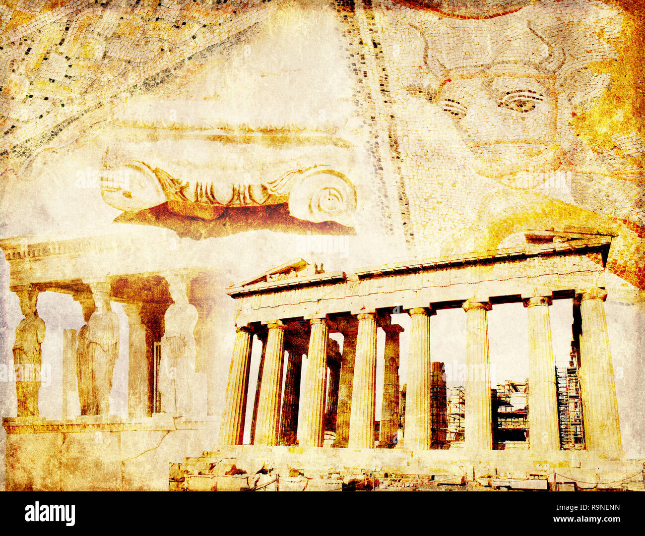 Grunge background with paper texture and landmarks of Greece ...