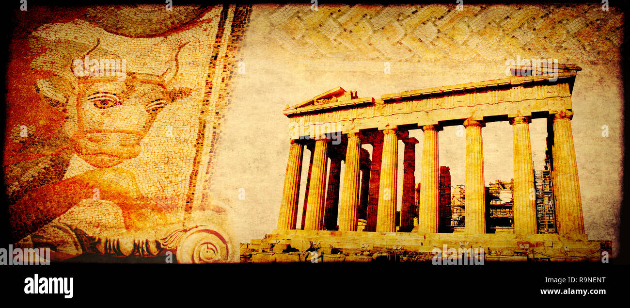 Grunge background with paper texture and landmarks of Greece ...