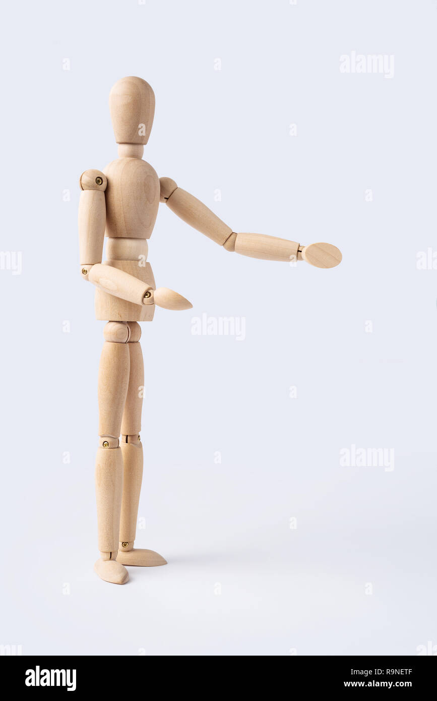 Business and design concept - wooden mannequin with welcome gesture ...