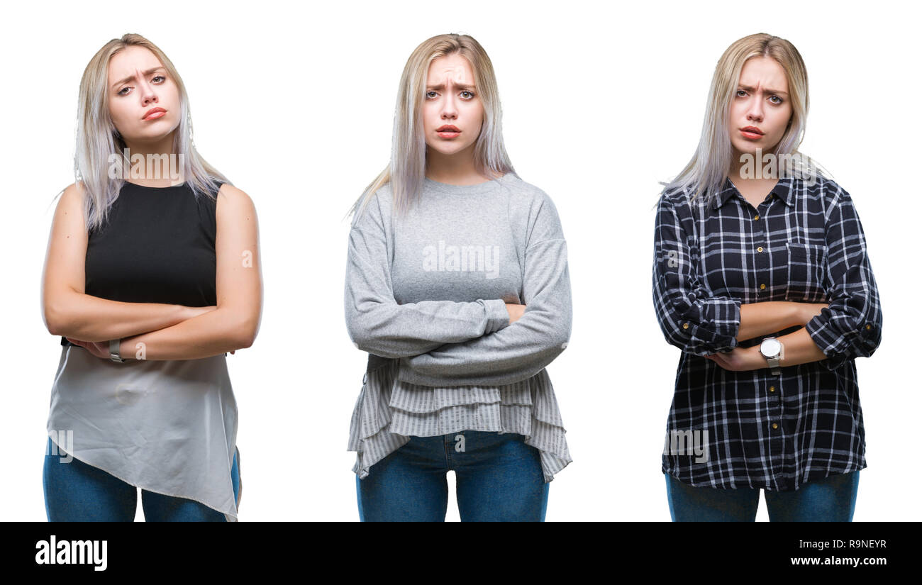 Collage of beautiful blonde young woman over isolated background ...