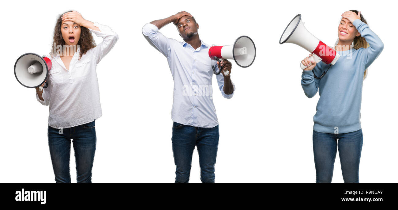 Collage of young people yelling through megaphone over isolated ...