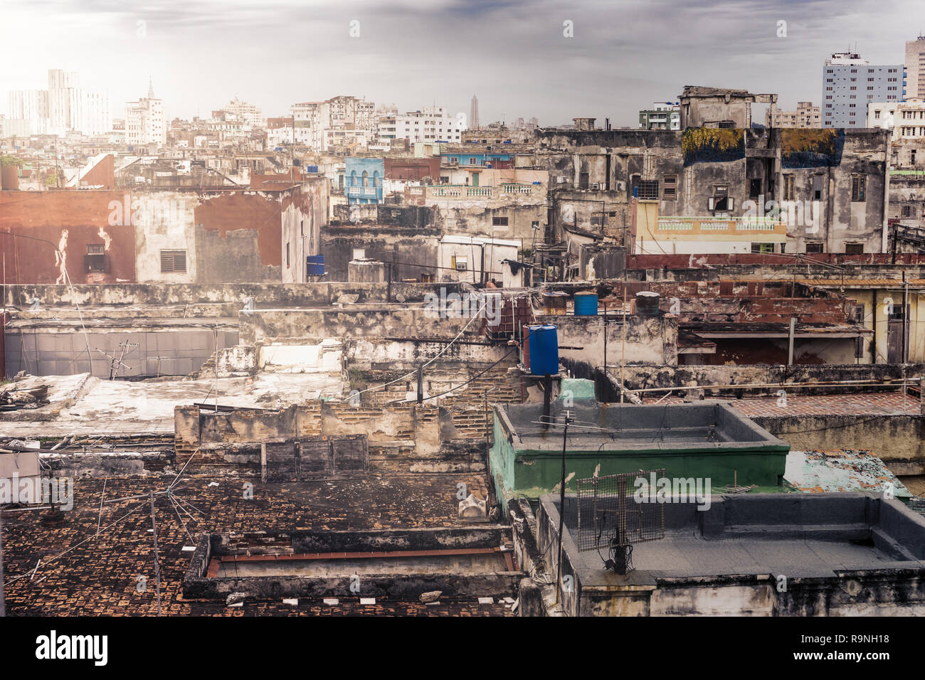 Panoramic view over the rooftops of Havana City in Cuba. The run-down ...