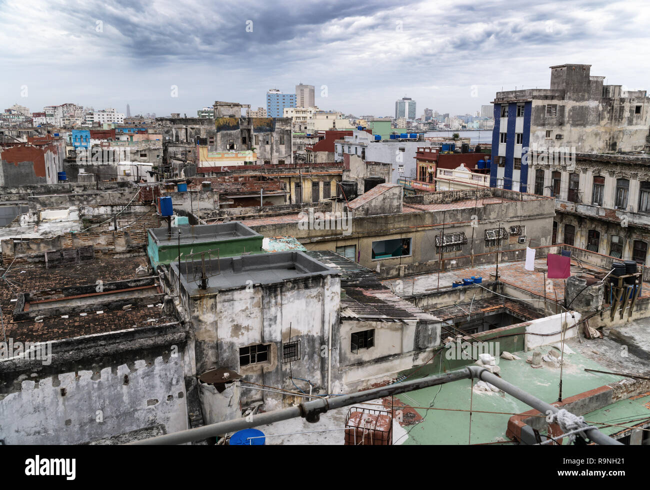 Panoramic view over the rooftops of Havana City in Cuba. The run-down ...