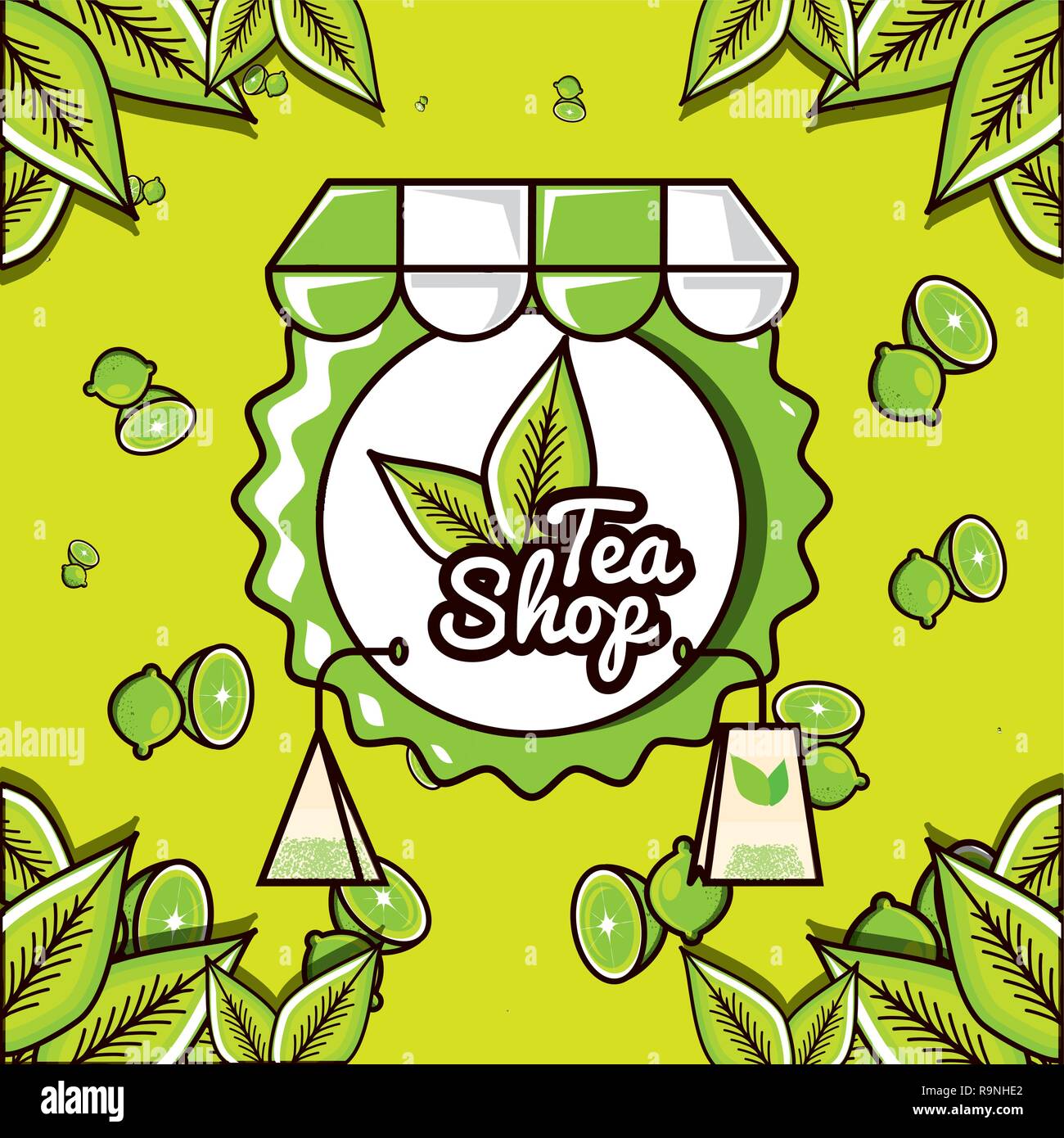 label of tea shop restaurant with lemons and leafs vector illustration ...