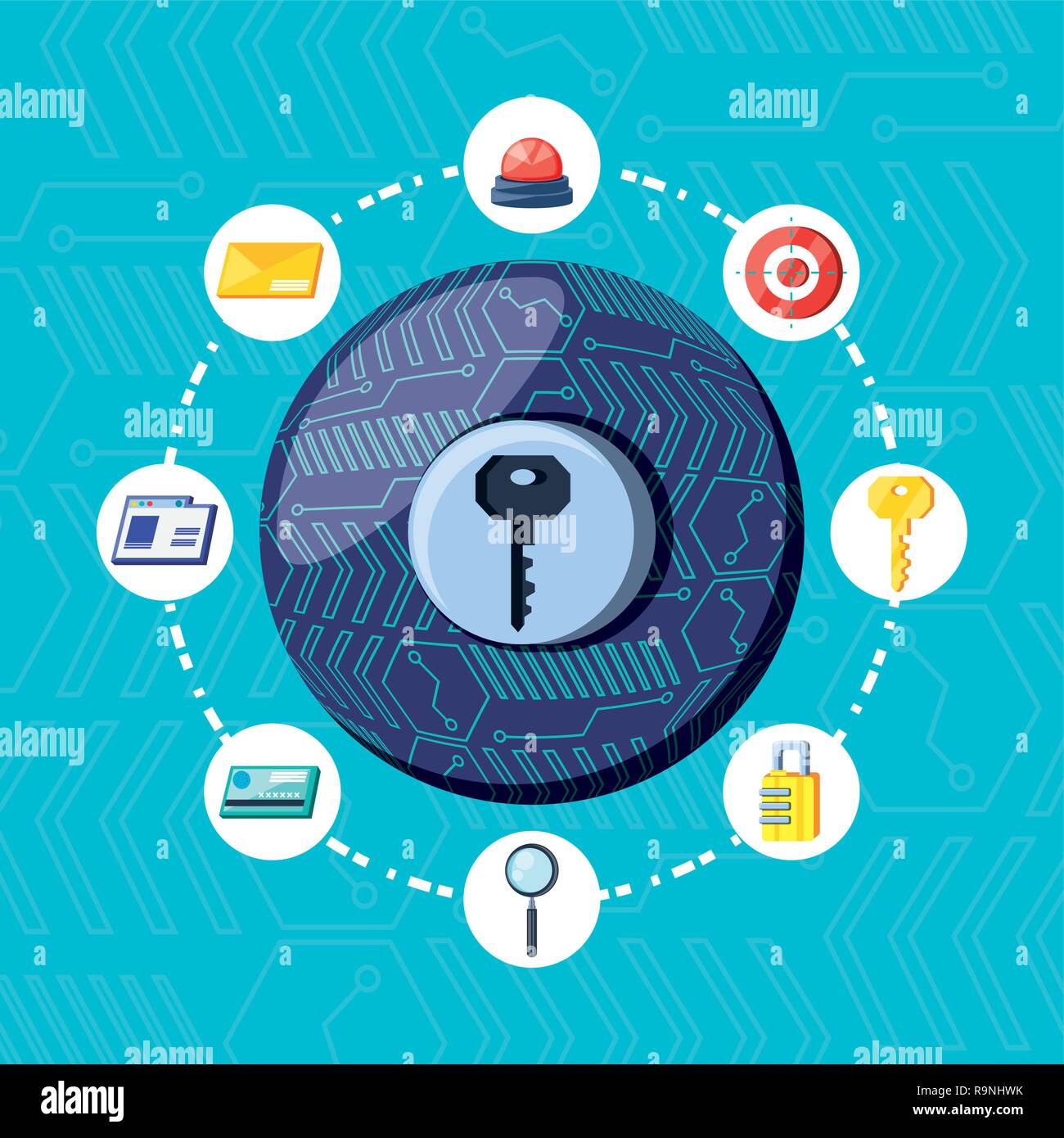 key in sphere with set icons cyber security vector illustration design ...