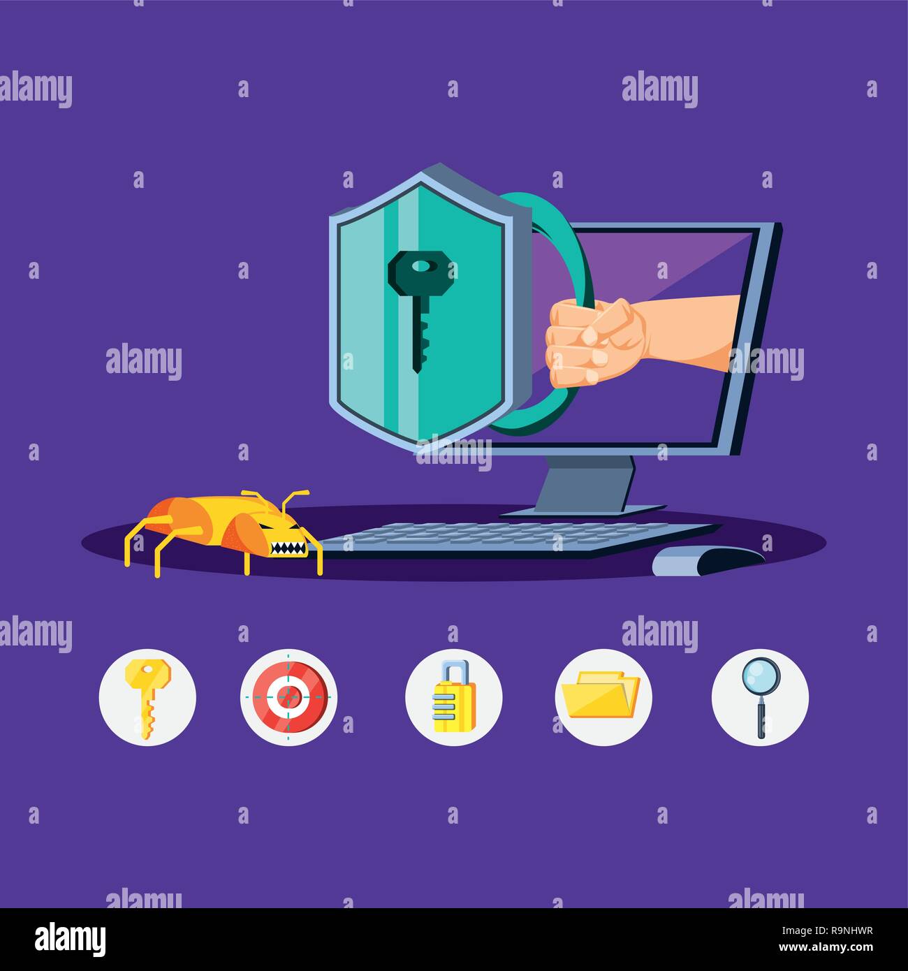 desktop computer with icons cyber security vector illustration design ...
