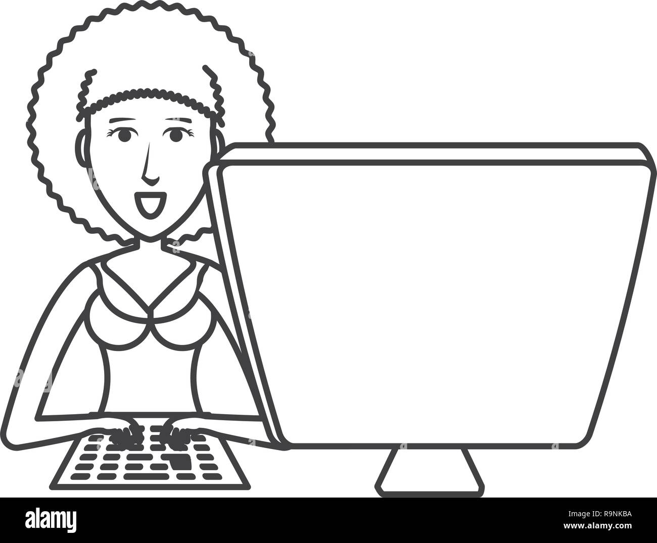 Female using desktop computer Black and White Stock Photos & Images - Alamy
