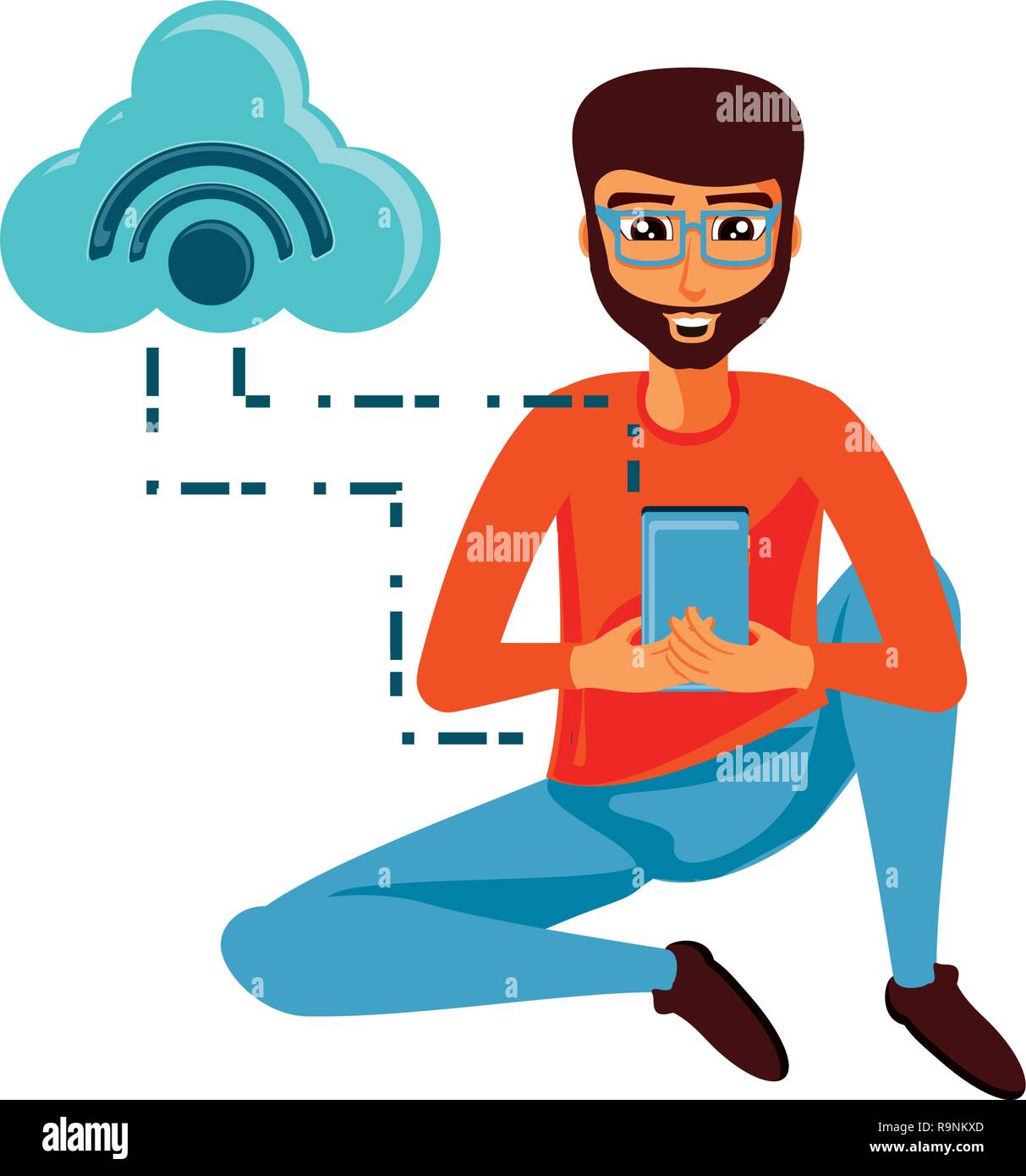 man sitting with smartphone and cloud computing vector illustration ...