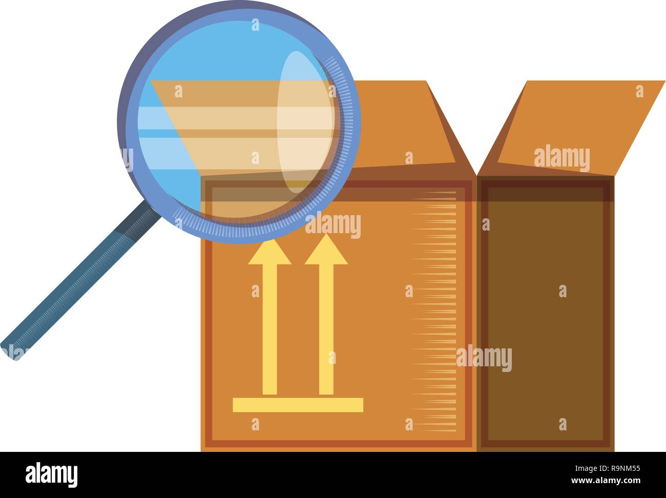 carton box with magnifying glass delivery service vector illustration ...