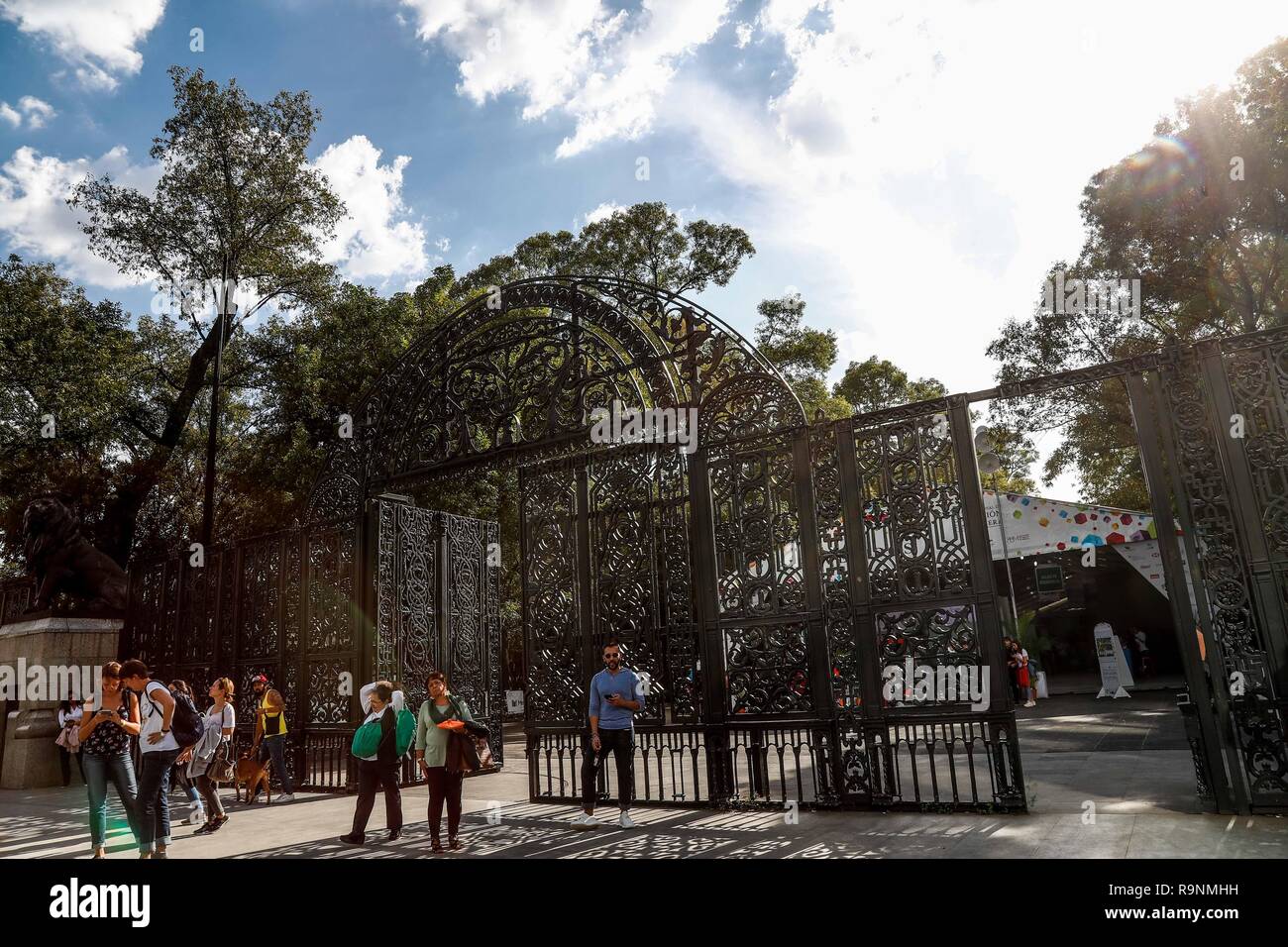 Chapultepec forest grilles and Reform buildings. Urban park in the city ...