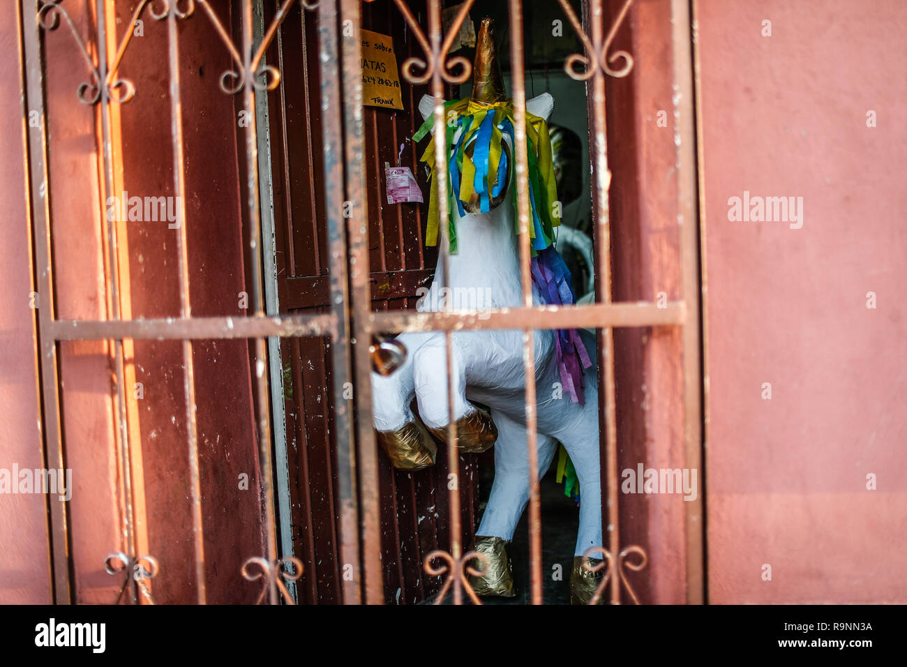 paper piñata in the shape of a unicorn enclosed behind the steel bars ...