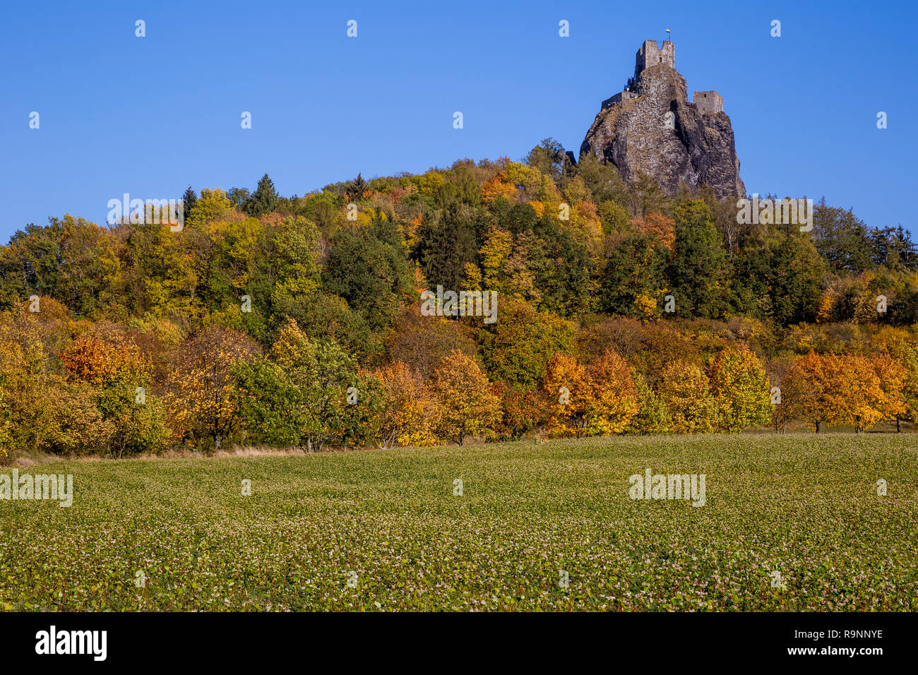 Autumn landscape in Bohemia dominating the ruins of a medieval castle ...