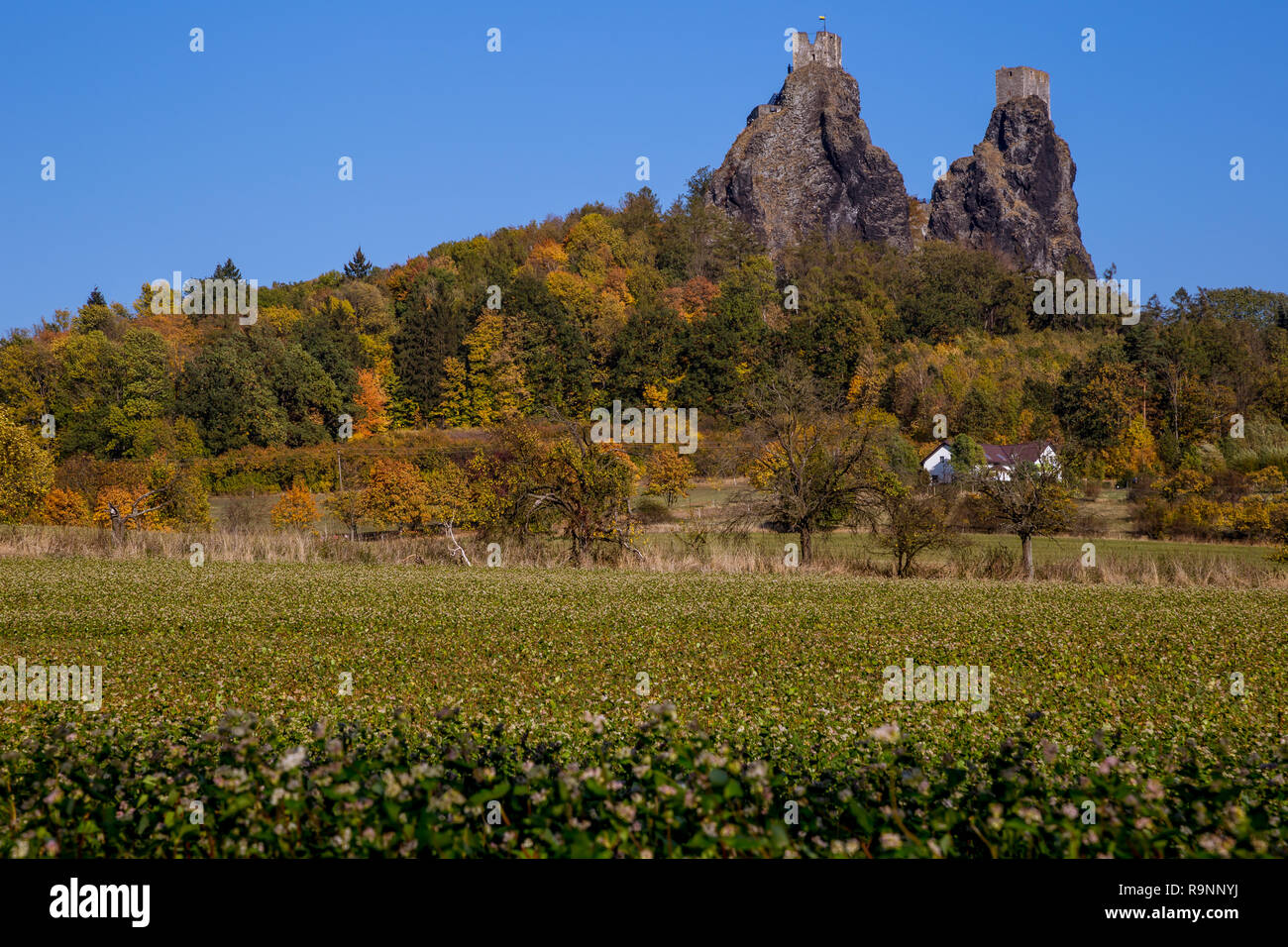 Autumn landscape in Bohemia dominating the ruins of a medieval castle ...