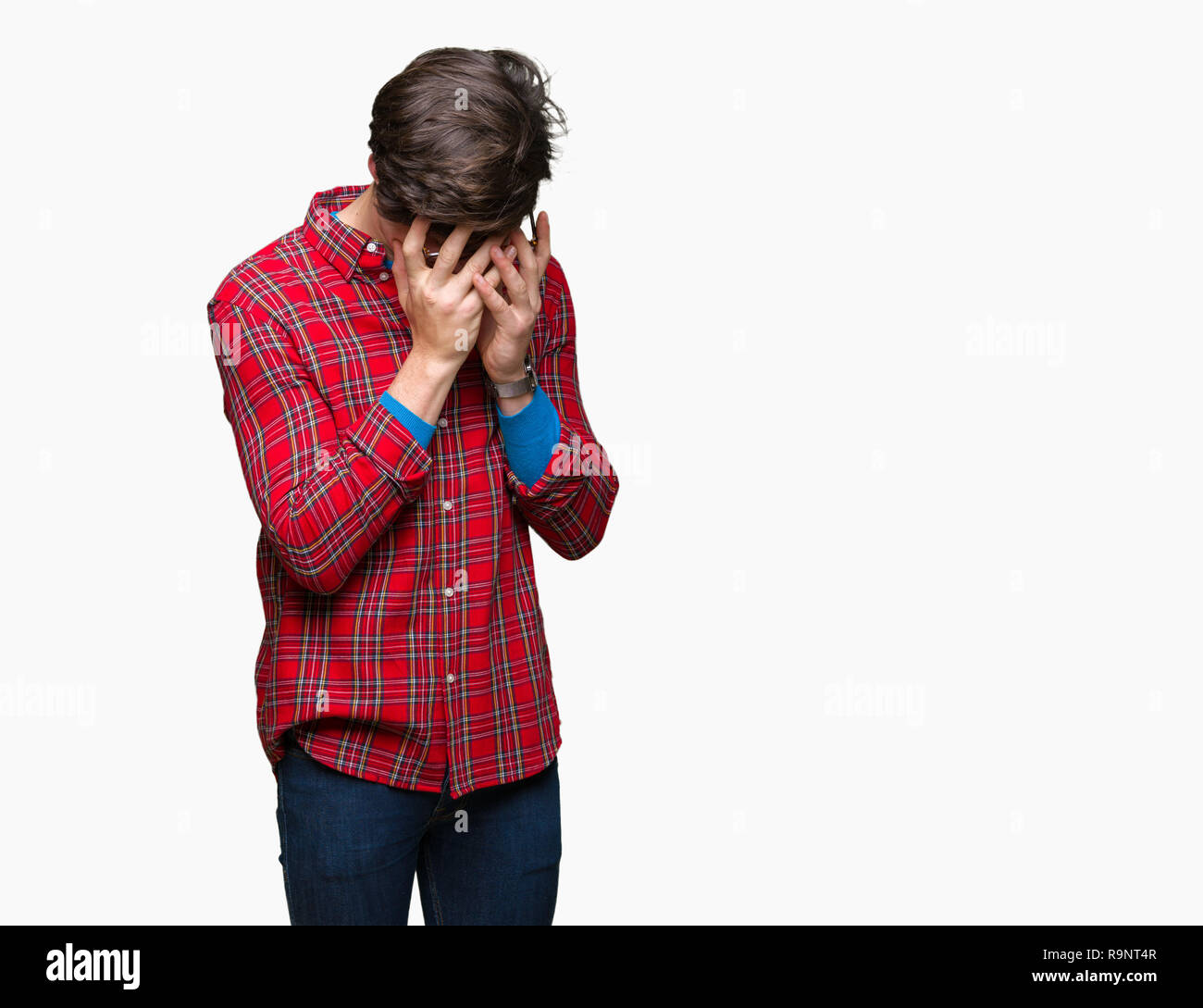 Young handsome man wearing glasses over isolated background with sad ...