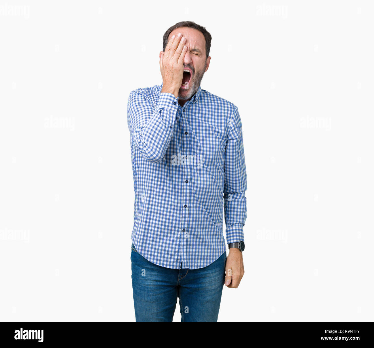 Handsome middle age elegant senior man over isolated background Yawning ...