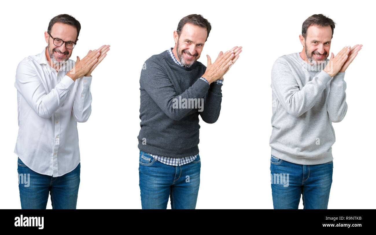 Collage of handsome senior man over white isolated background Clapping ...