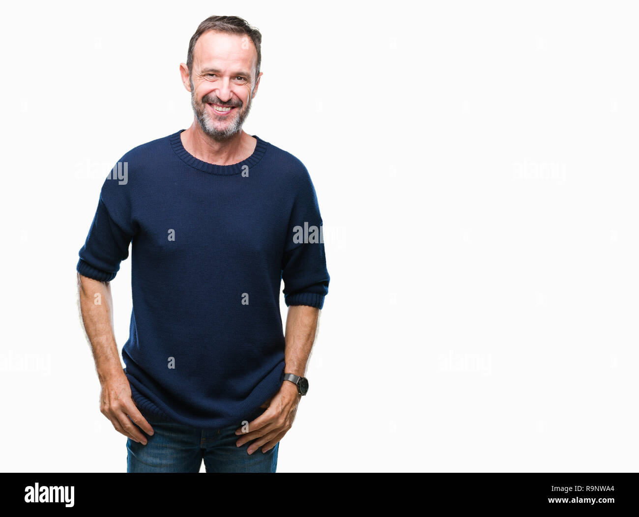 Middle age hoary senior man over isolated background with a happy and ...