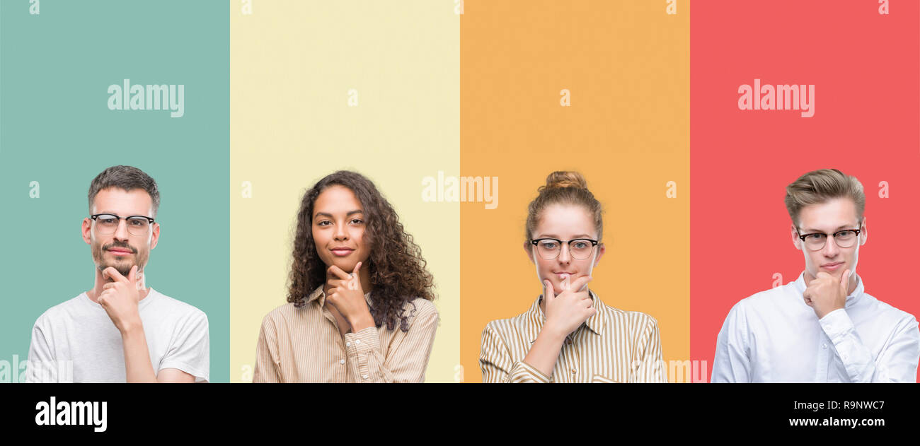 Collage of a group of people isolated over colorful background looking ...