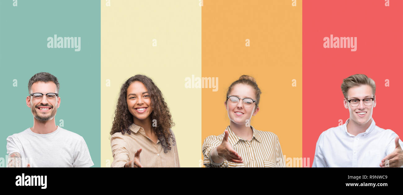 Collage of a group of people isolated over colorful background smiling ...