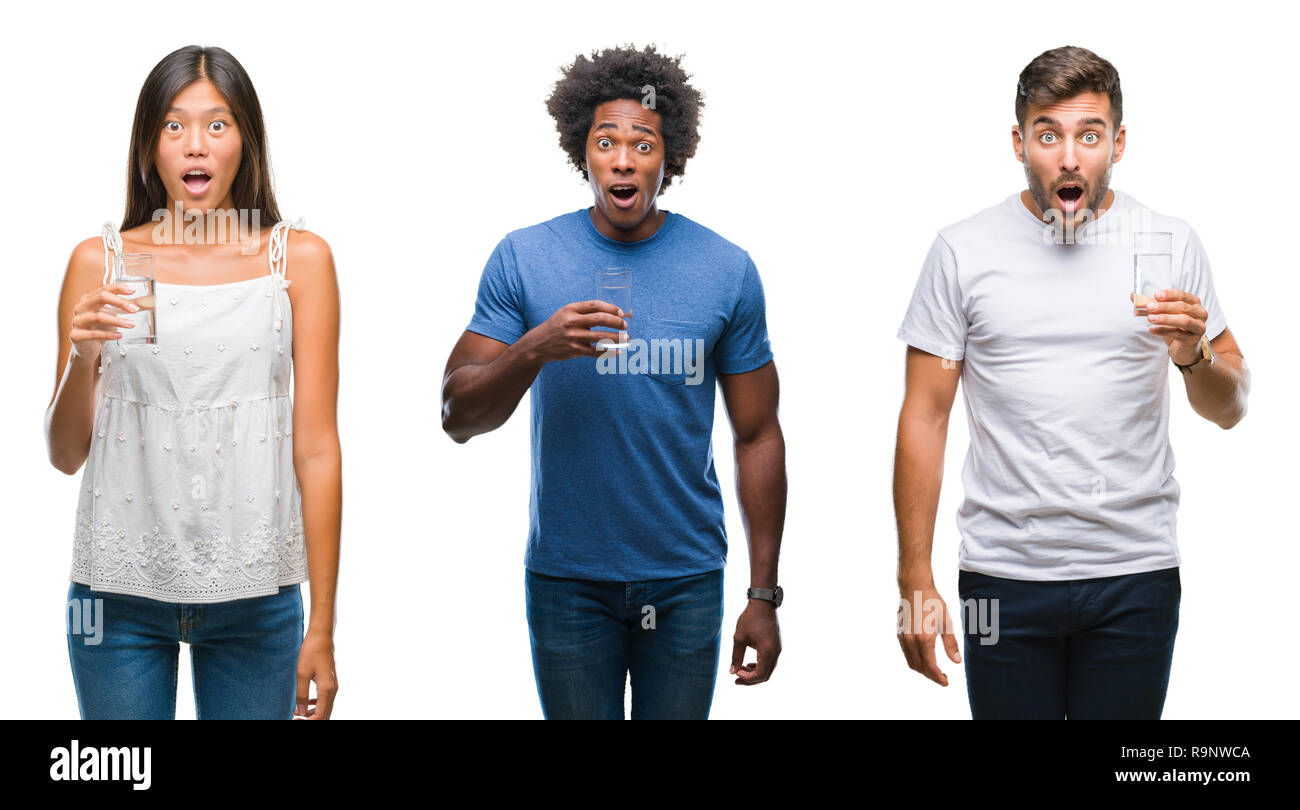 Collage of people drinking glass of water over isolated background ...