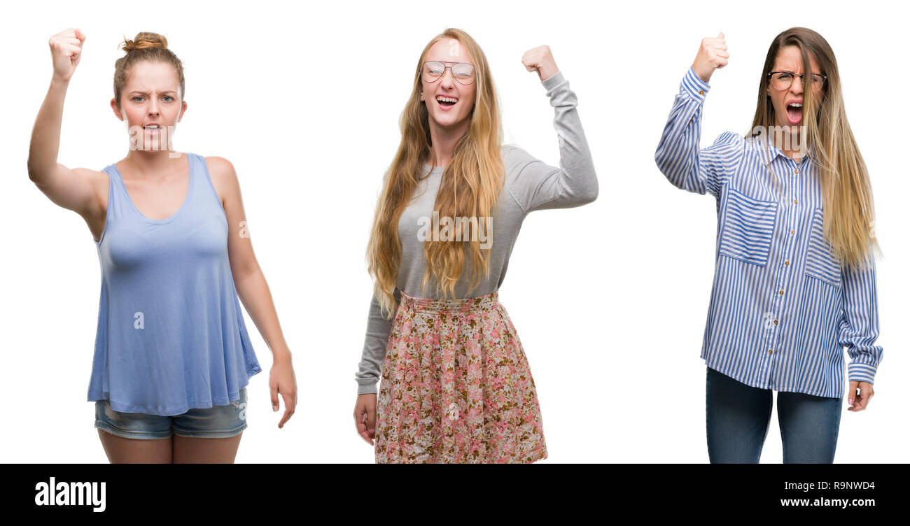 Collage of group of blonde women over isolated background angry and mad ...