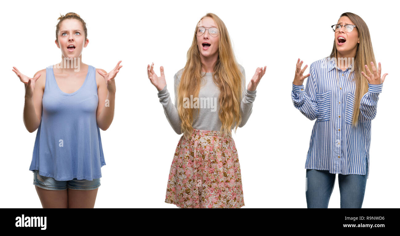 Collage of group of blonde women over isolated background crazy and mad ...