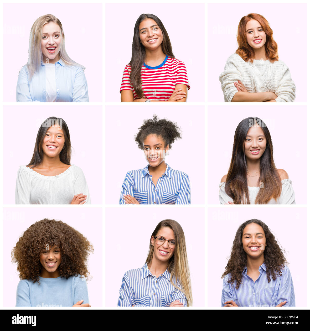 Collage of young women over pink isolated background happy face smiling ...