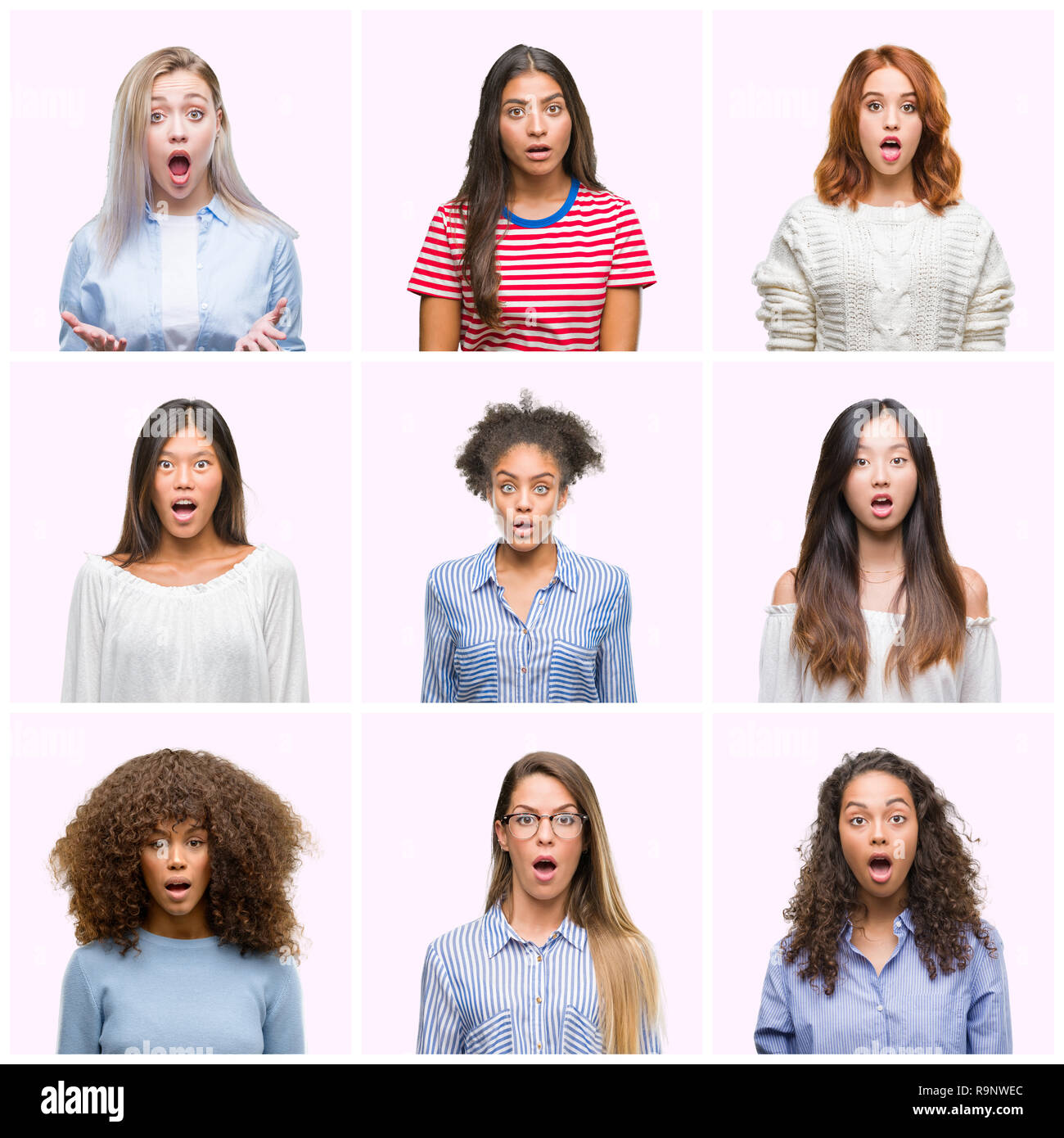Collage of young women over pink isolated background afraid and shocked ...