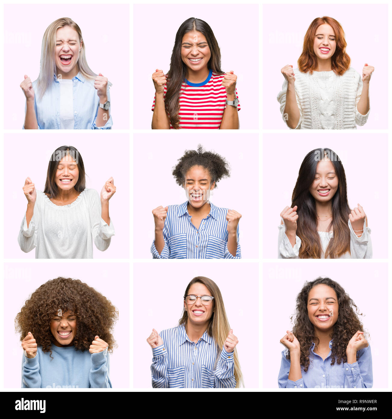Collage of young women over pink isolated background excited for ...