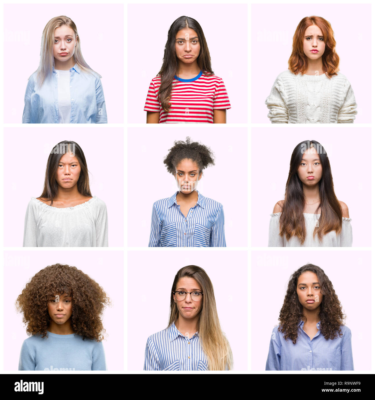 Collage of young women over pink isolated background depressed and ...