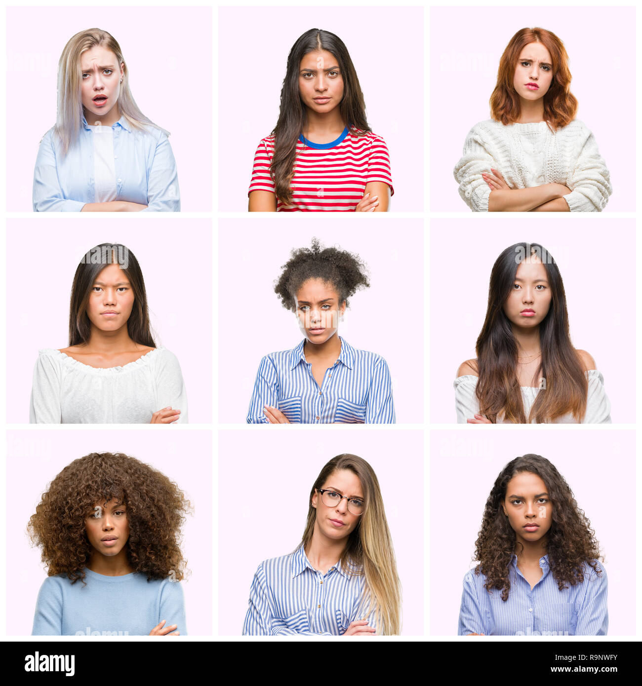 Collage of young women over pink isolated background skeptic and ...