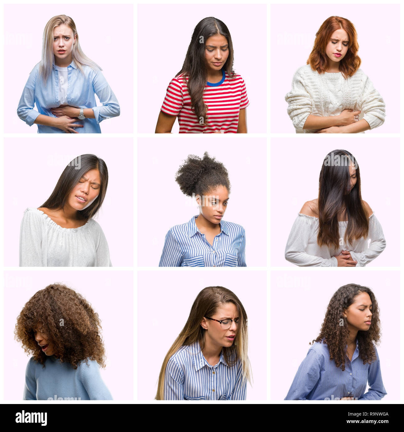 Collage of young women over pink isolated background with hand on ...