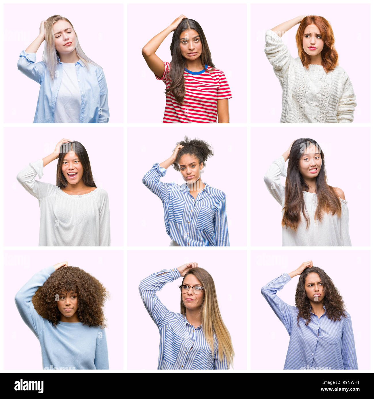Collage of young women over pink isolated background confuse and wonder ...