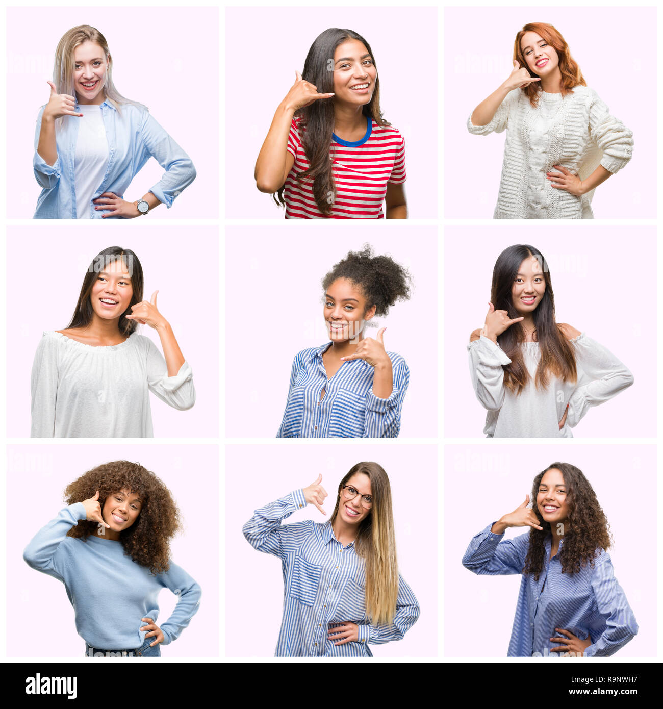 Collage of young women over pink isolated background smiling doing ...
