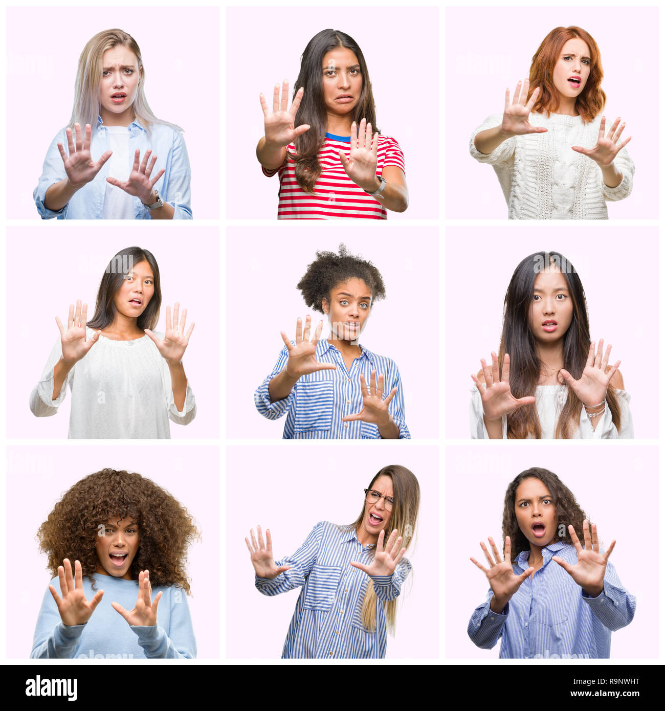 Collage of young women over pink isolated background afraid and ...
