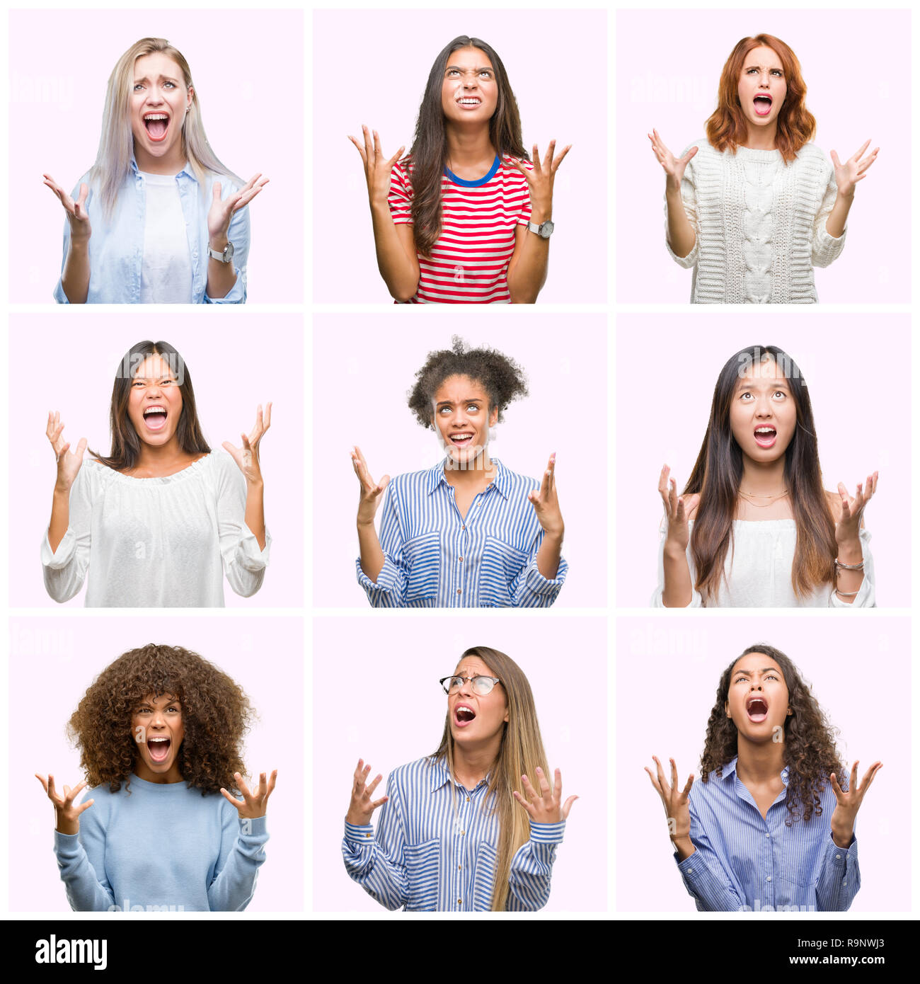 Collage of young women over pink isolated background crazy and mad ...