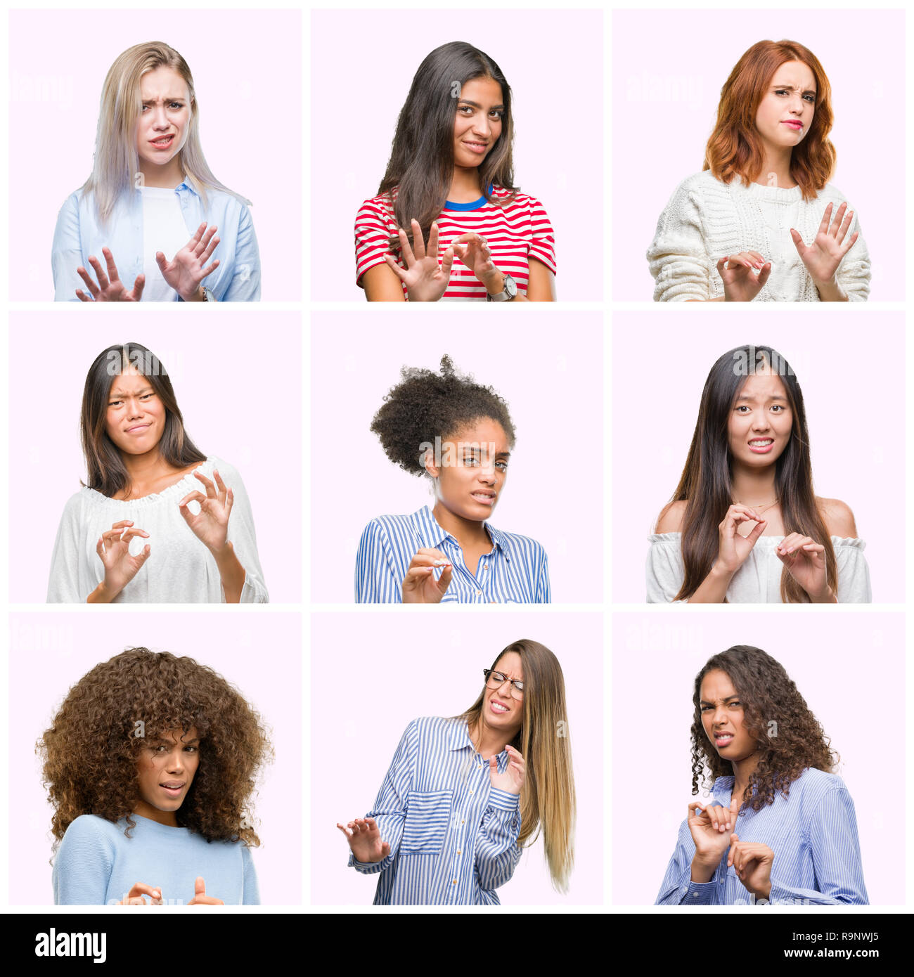 Collage of young women over pink isolated background disgusted ...