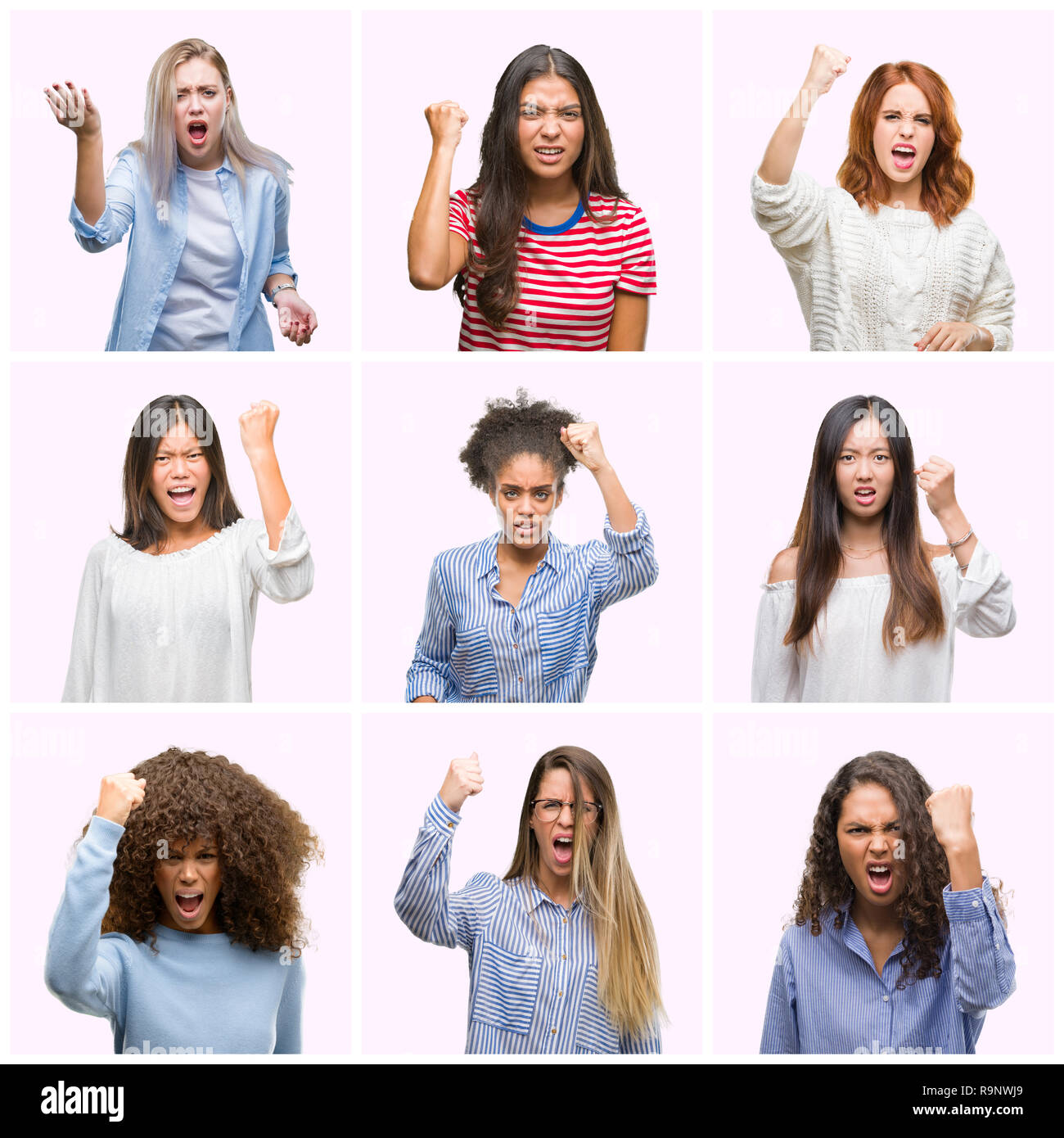 Collage of young women over pink isolated background angry and mad ...