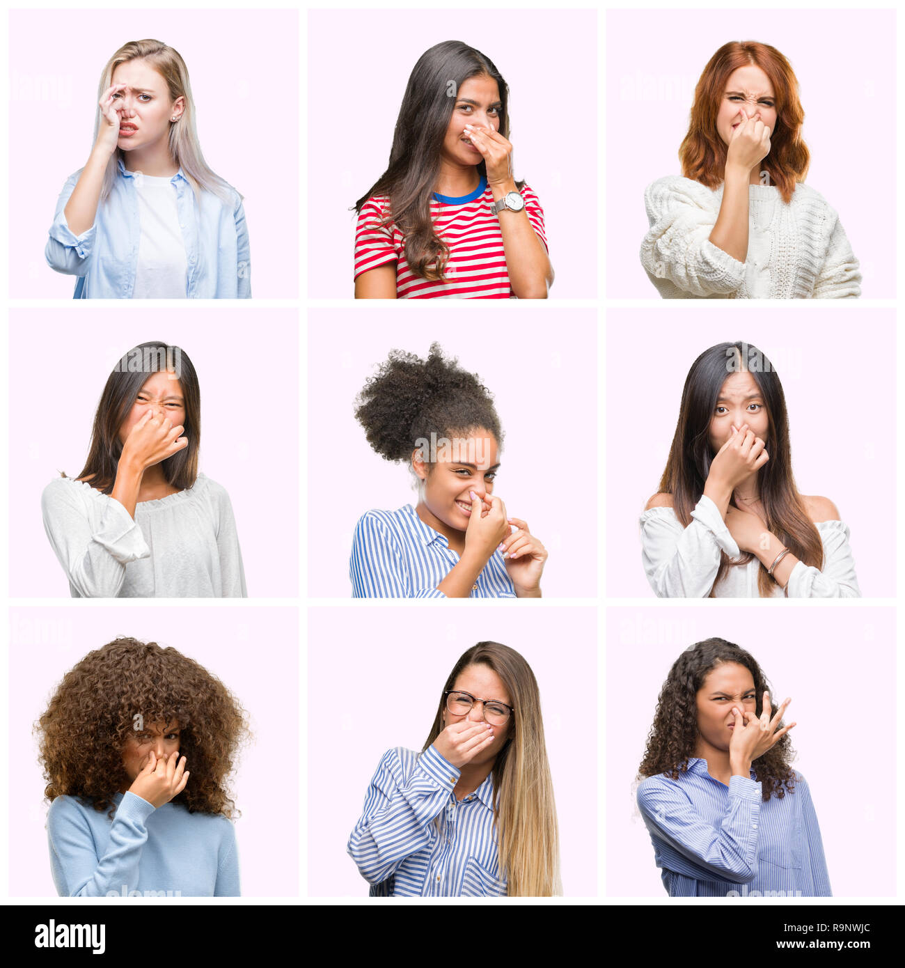 Collage of young women over pink isolated background smelling something ...