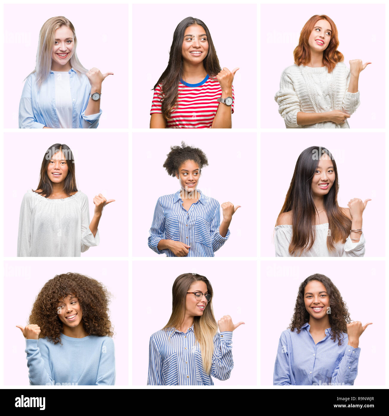 Collage of young women over pink isolated background smiling with happy ...