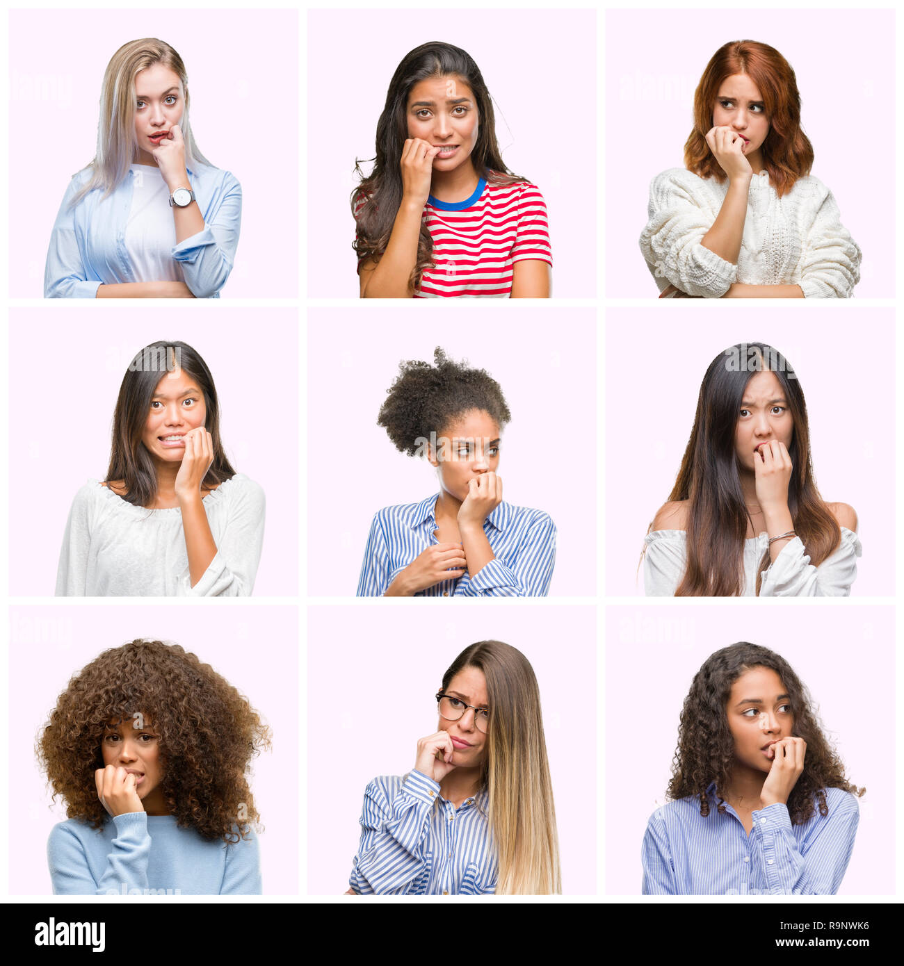 Collage of young women over pink isolated background looking stressed ...