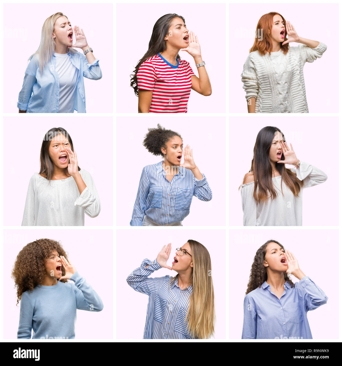 Collage of young women over pink isolated background shouting and ...