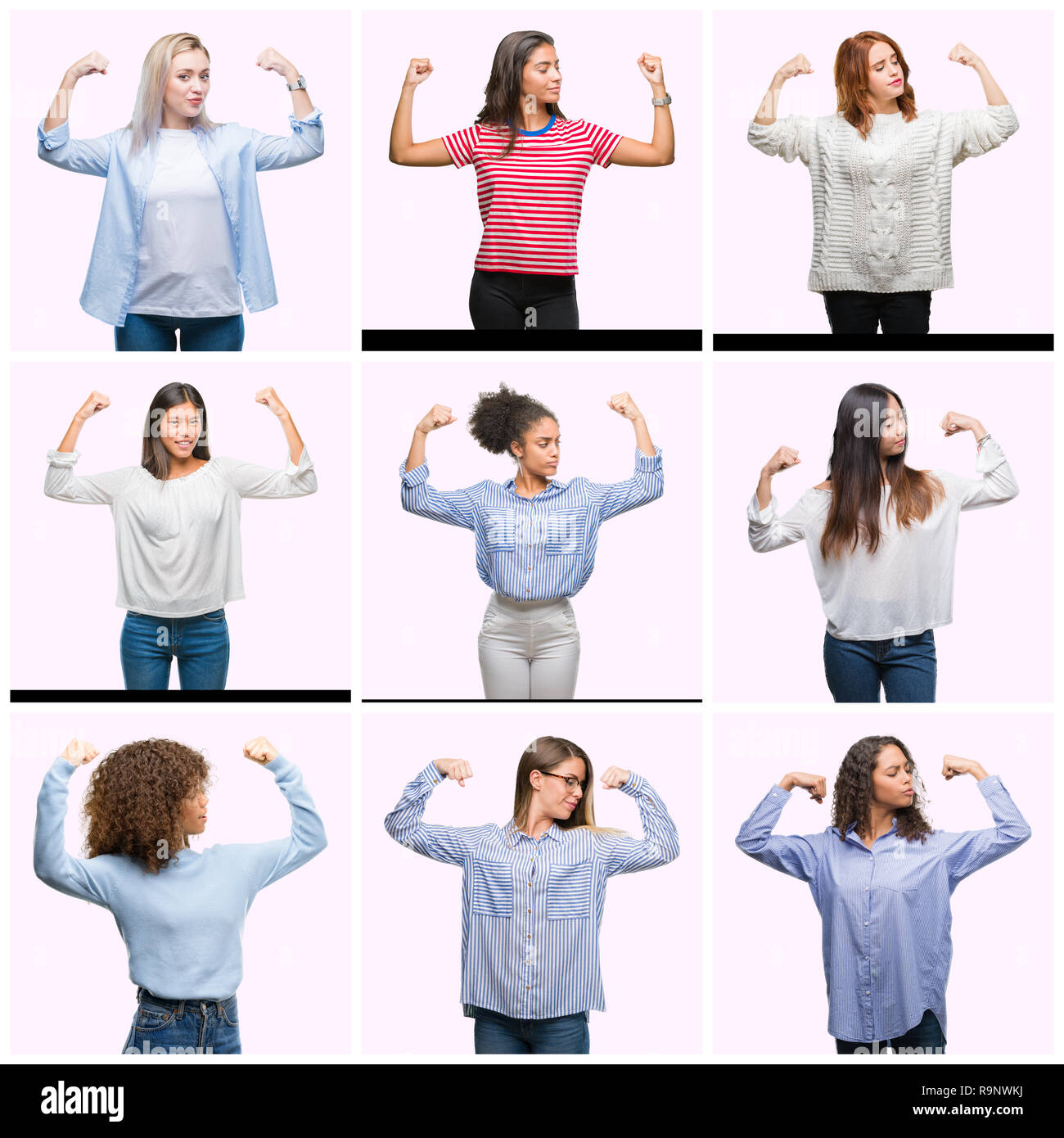 Collage of young women over pink isolated background showing arms ...