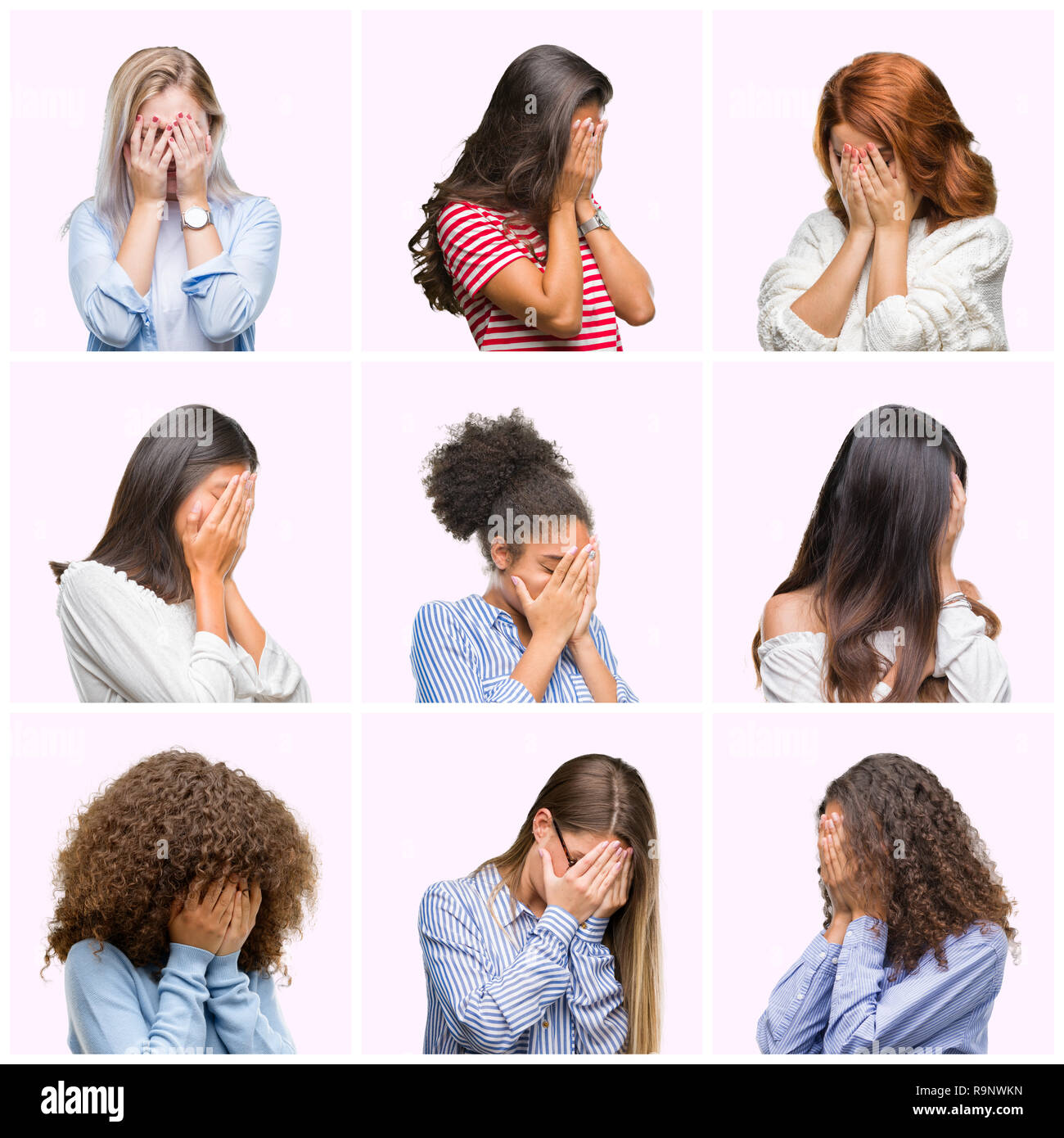 Collage of young women over pink isolated background with sad ...